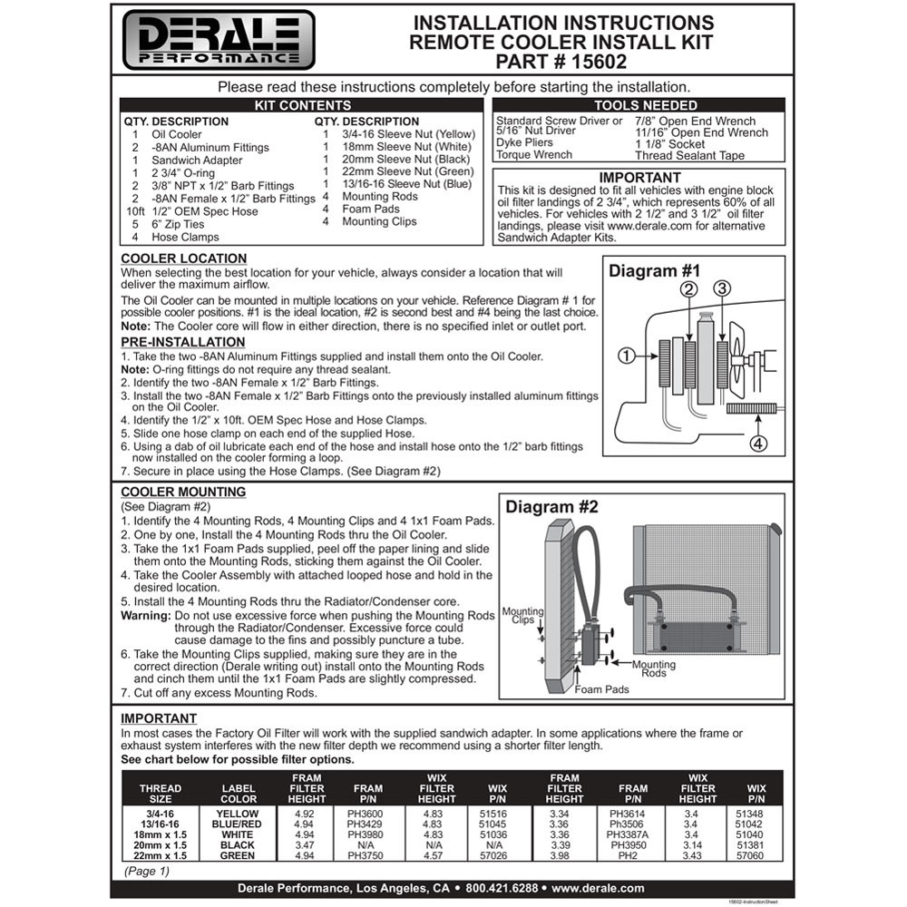 Derale Engine Oil Cooler Kit 15602; Series 10000 13.000 in. 10 Row ...